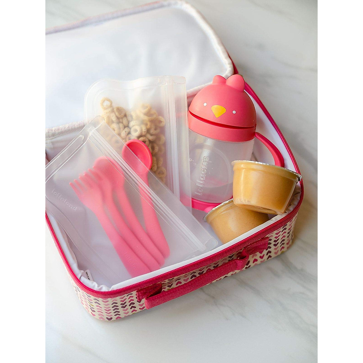 Lollaland 5 Piece Plastic Toddler Silverware Spoon and Fork Utensil Set - Reusable Toddler Cutlery with Hygienic Travel Pouch (Turquoise)