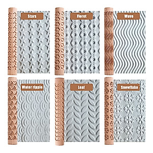 6Pcs Clay Modeling Pattern Rollers, Large Texture Rollers for Clay Wooden Handle Pottery Tools Snowflakes Stars Wood Wave Pattern Clay Rolling Pottery Ceramic Carved Tools for DIY Handcrafts (B)