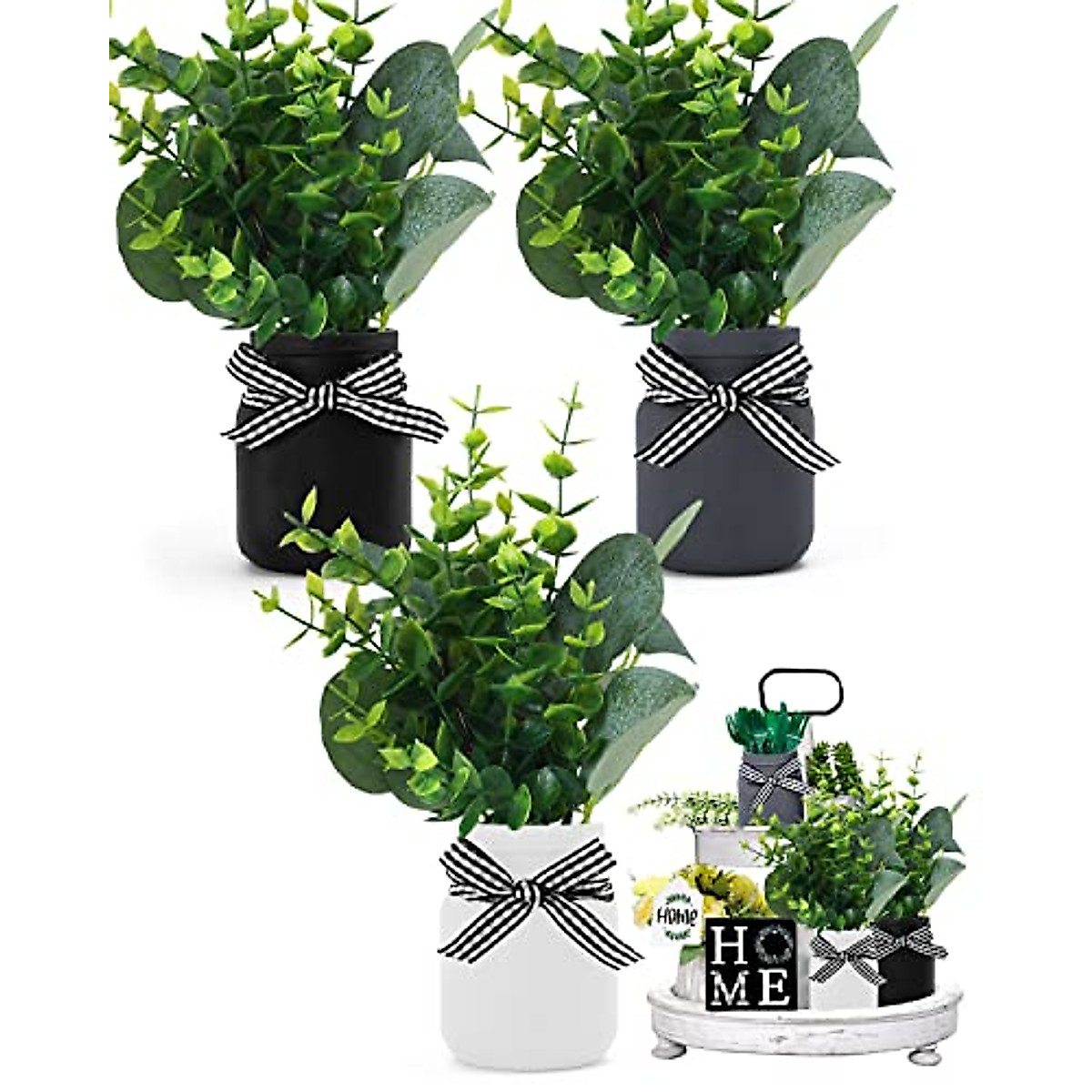 Nefelibata Farmhouse Mini Mason Jar Decor for Tiered Tray with Artificial Eucalyptus Leaves Small Floral Arrangement Rustic Faux Plants for Home Kitchen Office Desk Black White Small Greenery Set of 3