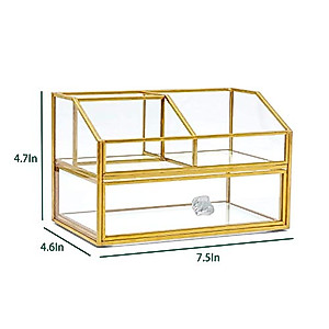FSyueyun Makeup Organizer for Vanity, Clear Glass Drawer Organization and Storage Jewelry Display Case Gold Cosmetics Storage Lipstick Organizer Tray Perfumes for Bathroom Counter or Dresser
