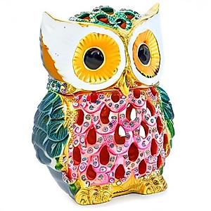 YU FENG 2.9inch Hollow Owl Trinket Box Hinged Hand-painted Enamel Jewelry Organizer with Crystals Ring Earrings Storage Novelty Animal Figurine Collectible