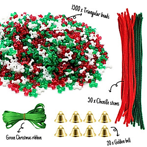 Hifunwu 1570 PCS Christmas Beaded Ornament Kit Christmas Tri-Shaped Beads Plastic Tri Beads with Pipe Cleaners Xmas Party Craft Wreath Candy Cane for Christmas Tree Hanging