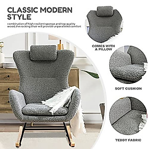 Modern Gray Rocking Chair Nursery Living Room Rocking Chair Teddy Fabric Upholstered Glider Chair High Backrest Side Hanging Pocket Side Accent Chair for Bedroom Offices (Gray + Polyester)