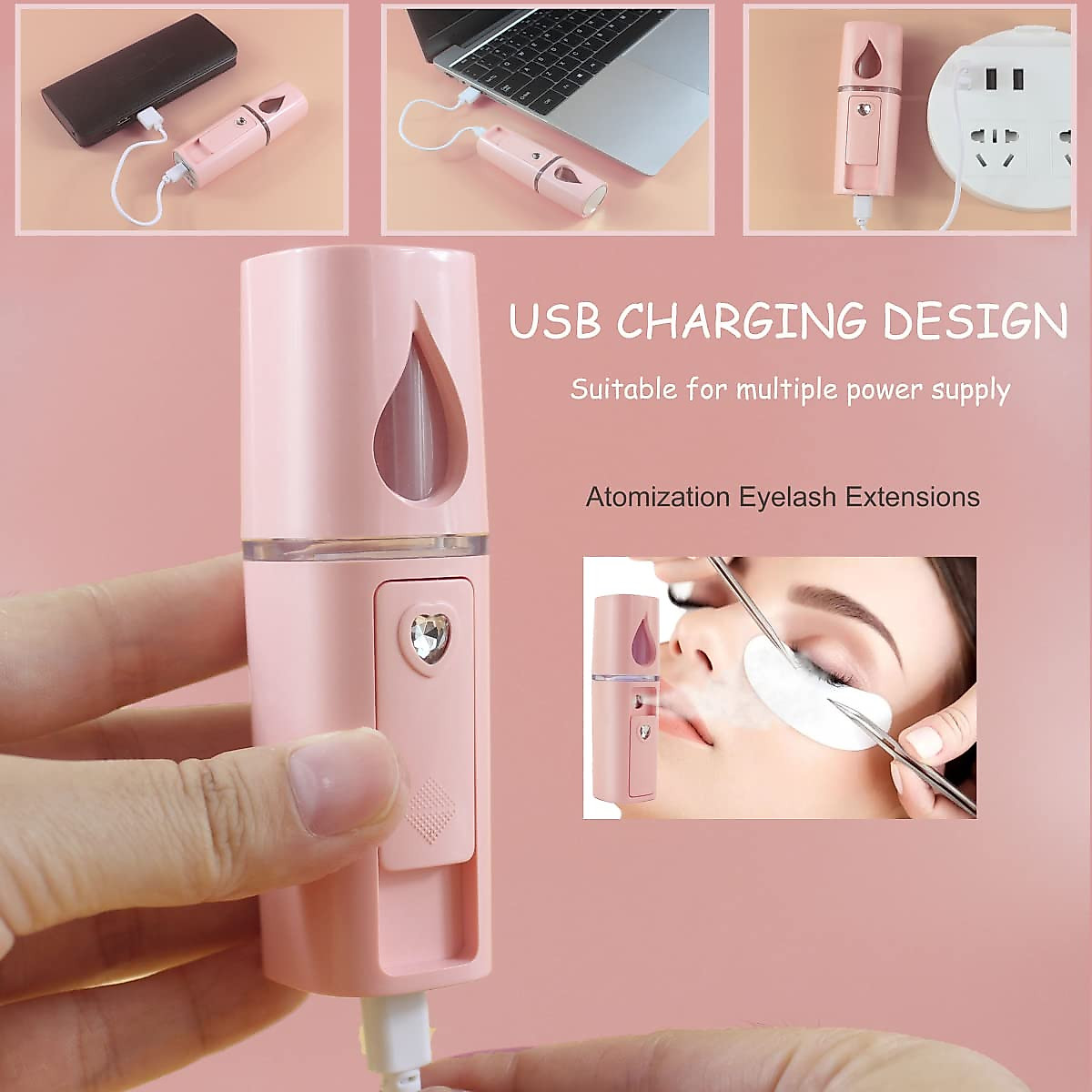 Nano Facial Mister Portable Mist Sprayer with Mirror Mini Cool Mist Spray for Skin Care & Facial Body Moisturized & Eyelash Extensions, USB Rechargeable (Pink)