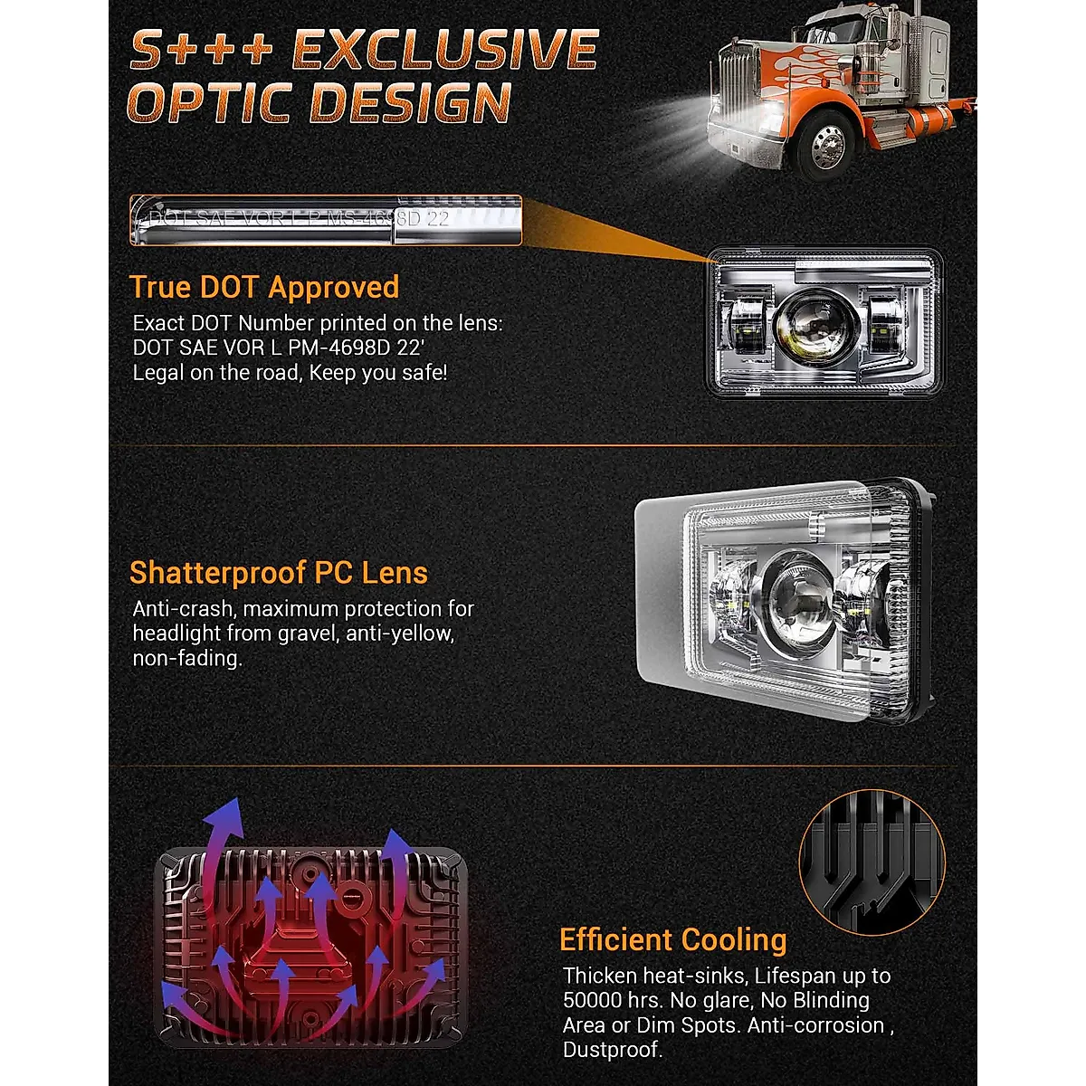 Z-OFFROAD DOT Approved 4x6 LED Headlights Assembly Hi/Lo Sealed Beam Compatible with KW T800 T600 Peterbilt 379 Freightliner Chevy Oldsmobile Cutlass H4651 H4652 H4656 H6545 H4666, 4PCS-Chrome