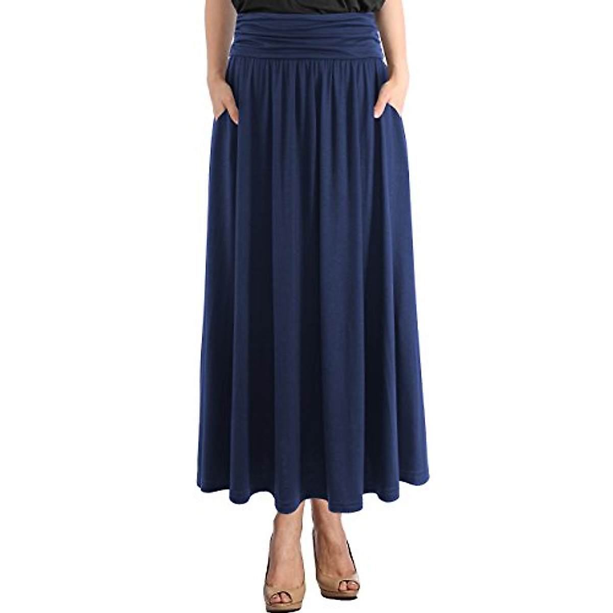TRENDY UNITED Women's High Waist Fold Over Pocket Shirring Skirt ,Navy-ankle,X-Large