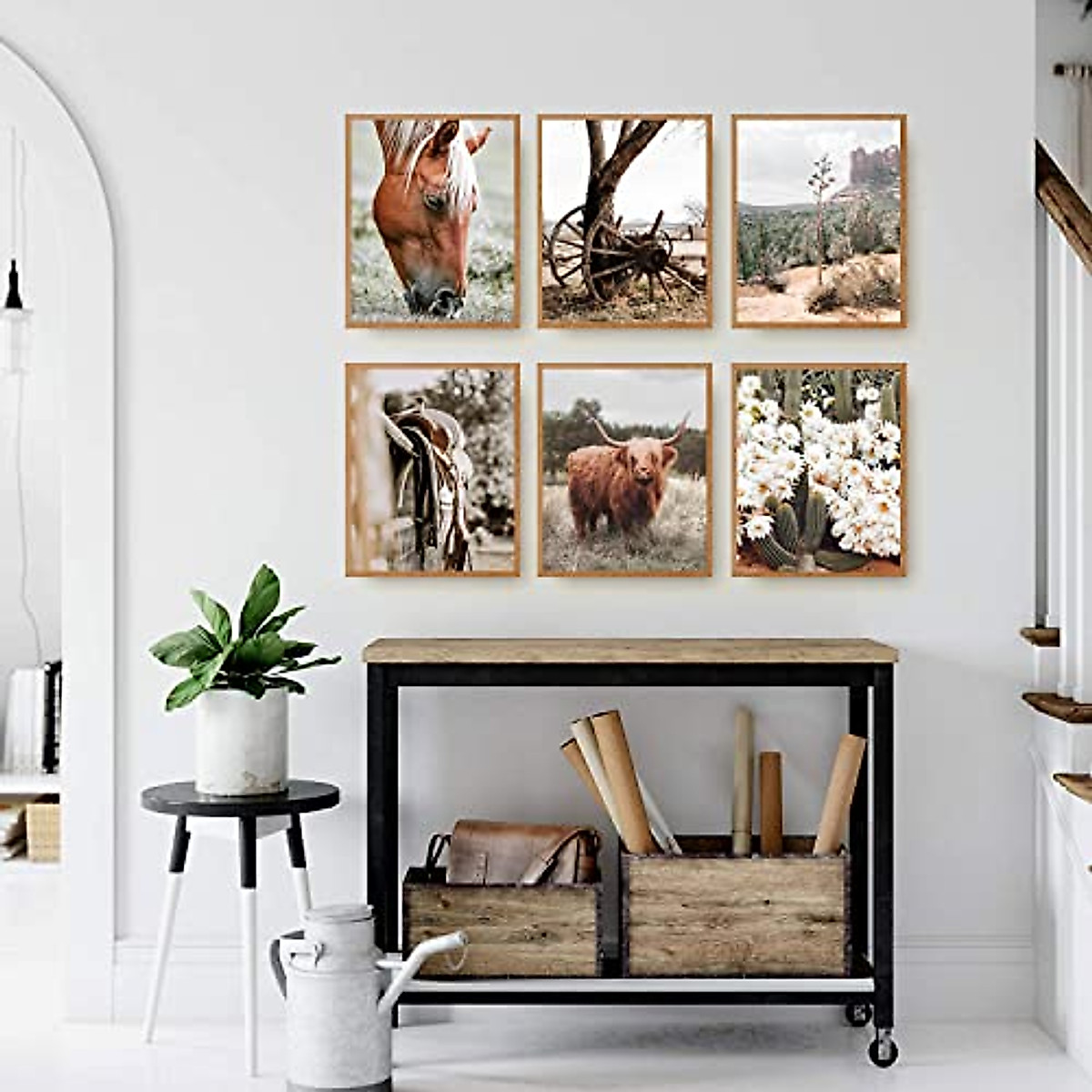 Nature Western Highland Cow Wall Art Prints Set of 6 Country Pictures Canvas Decor Horse Cactus Desert Boho Neutral Southwest Poster for Farmhouse Bedroom Home Room Wall Decor (8"x10" UNFRAMED)
