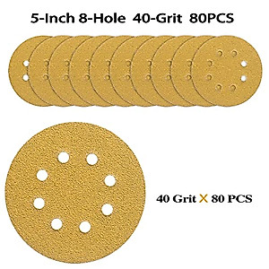 POTUINOM 80PCS 5 Inch 8 Hole Sanding Discs 40 Grit,Gold Round Hook and Loop Sandpaper for Random Orbital Sander