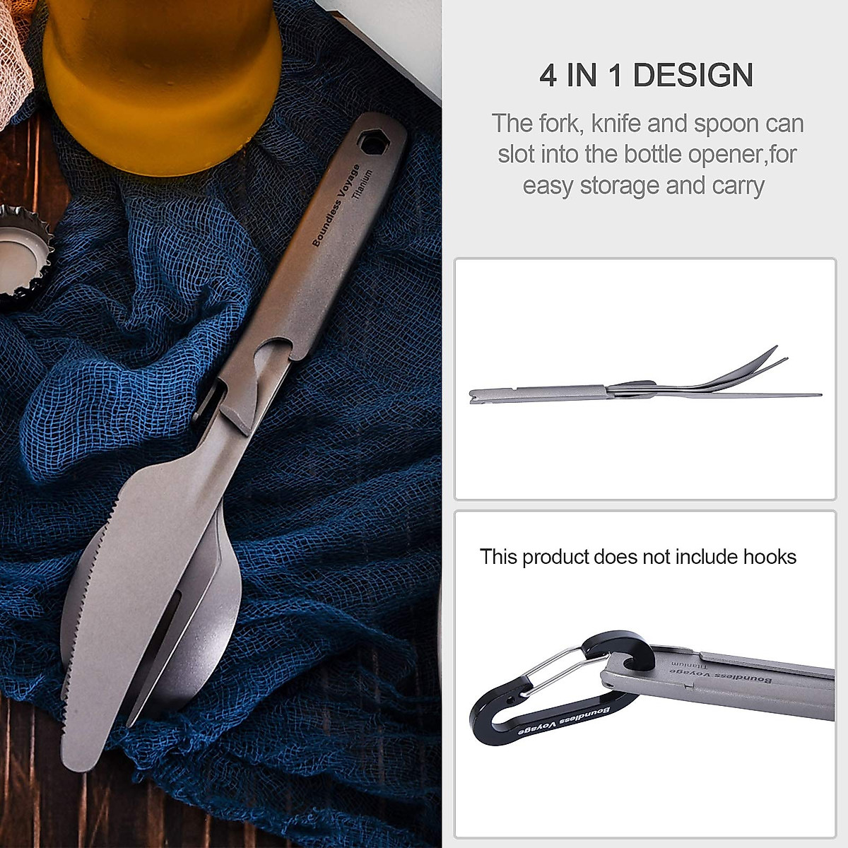 iBasingo Titanium Knife Fork Spoon Bottler Opener Tableware Set 4 in 1 Storage Design Protable Lightweight Cutlery for Outdoor Camping Kitchen CJ-Ti1066T