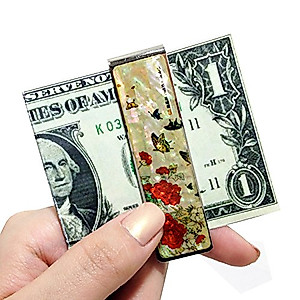 Mother of Pearl Red Peony Flower Butterfly Slim Stainless Steel Metal Money Clip Holder
