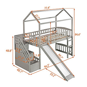 Harper & Bright Designs House Bed Loft Bed with Slide, Twin Loft Bed with Stairs and Storage, Wood Loft Bed Frame for Kids & Girls & Boys (Gray)