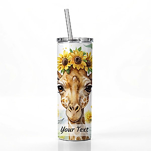 Personalized Custom Name Text Giraffe Watercolor Design With Sunflowers Skinny Tumbler 20oz with Straw Insulated Water Bottle Gift - 1 Line Horizontal