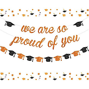Orange We are So Proud of You Banner Glitter Orange and Black Grad Cap Garland for 2023 Senior High School College Graduation Grad Party Supplies