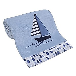 Nautica Nautical Adventure Blue Super Soft Coral Fleece Sailboat Baby Blanket, Light Blue, Navy, Grey, White