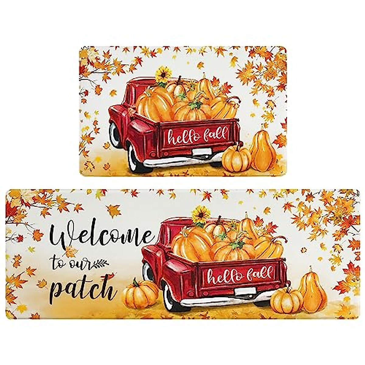 Ileading Fall Thanksgiving Kitchen Anti Fatigue Mat Set of 2 A Truck Full of Pumpkins Non Slip Cushioned Kitchen Sink Floor Mats Waterproof Foam Comfort Standing Runner Rug Holiday Home Decorations