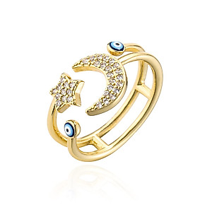 CZ Star Moon Blue Evil Eye Wrap Open Rings 18K Gold Plated Sparkly Cubic Zirconia Good Luck Double Lines Statement Adjustable Stacking Middle Tail Finger Ring for Women Symbol of Protection Talisman Amulet Lucky Jewelry Fashion Gifts for Mom