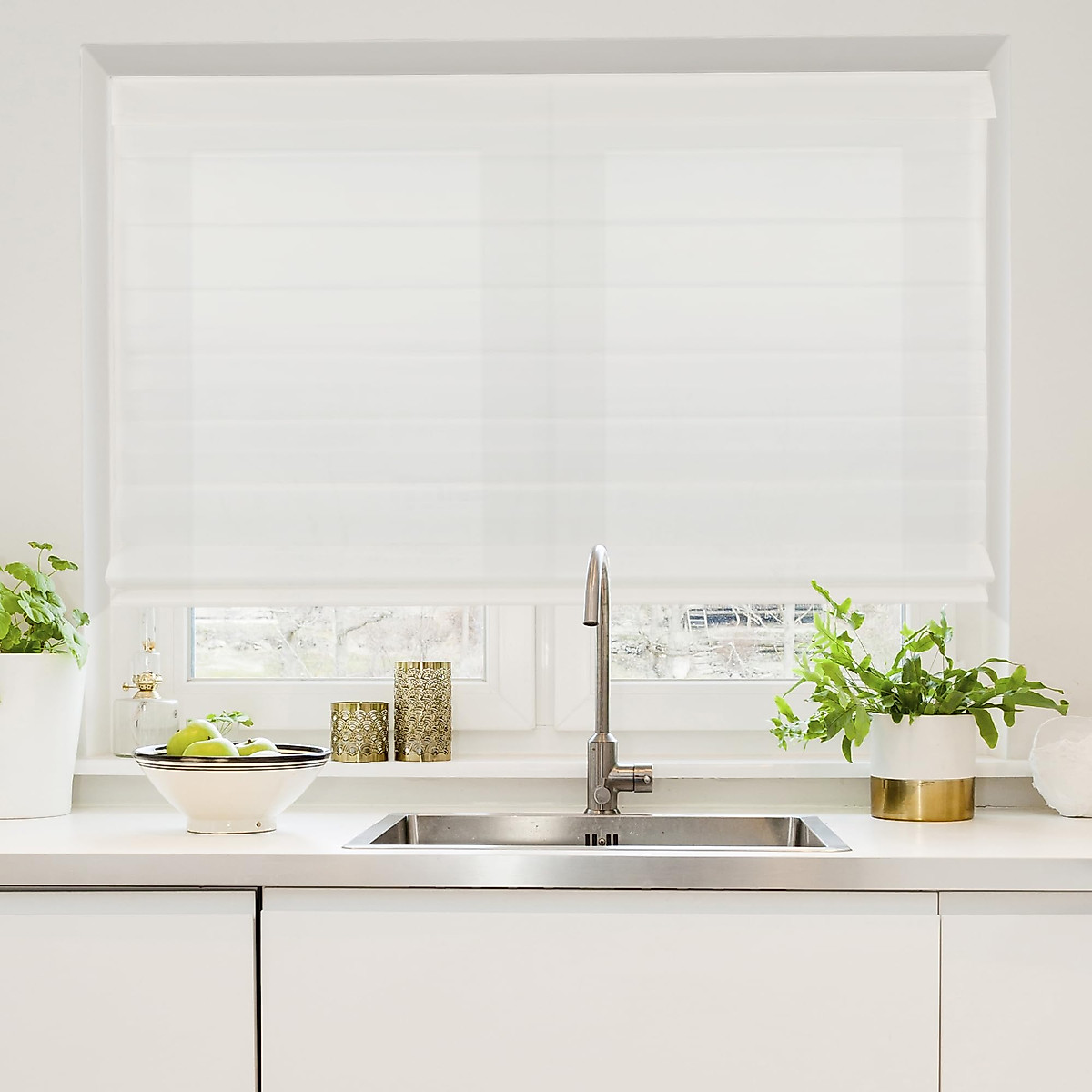 CALYX INTERIORS Fabric Roman Shade with White Backing, Light Filtering, Cordless, 35"W X 48"H, Cloud White