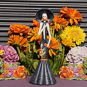 Day-of-The-Dead Halloween-Decorations Catrina Skeleton Figurine - Dia De Los Muertos Decor Resin Lady Skeleton Mexican Traditional Chanukah Hanukkah Farmhouse Decor 4 x 4 x 10.3 in Newman House Studio