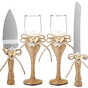 WUWEOT Cake Knife and Server Set with Champagne Glasses, Rustic Wedding Supplies with Jute Handles and Wood Heart for Wedding, Birthdays, Anniversaries, Parties, Rustic Bride Groom Gifts