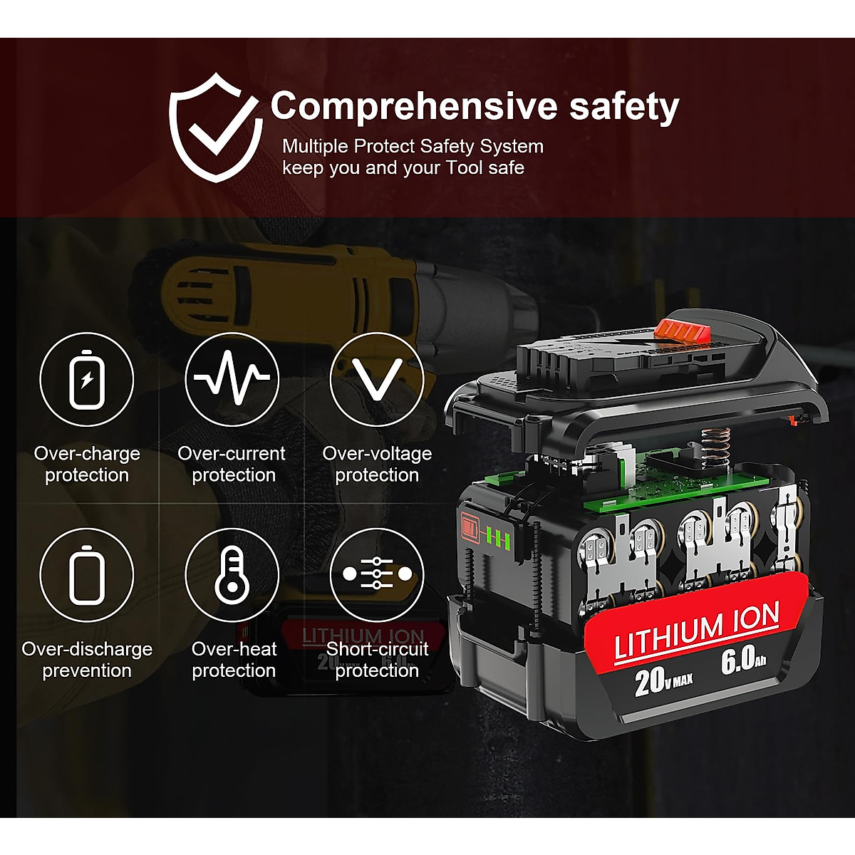 Upgraded 6.0Ah Replacement for Dewalt 20V MAX Battery DCB205-2 Compatible with Dewalt 20V MAX XR Battery DCB205 DCB206 DCB204 DCB200 Replacement for Dewalt 20 Volt Battery Cordless Power Tools 2-Pack