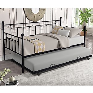 GNIXUU Metal Living Room Guest Bed Heavy Duty Twin Size Daybed with Pull Out Trundle Vintage Metal Trundle Bed Frame for Guest Room,Bedroom (Black)