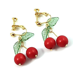 Cute Cherry Clip on Fruit Earrings for Women Red Cherry Ear Clips Dangle Drop Jewelry (1 Pairs)