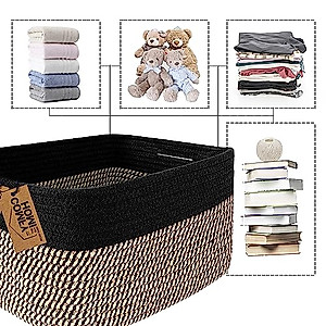 COMFY-HOMI Cotton Rope Square Basket With Handles for Shelves|Dog Toy Basket Bin and Storage|Baby Basket for Gift|Shoe Basket for Organizing|NEW 13.5" x 11" x 9.5" for Living Room（Black/Jute）