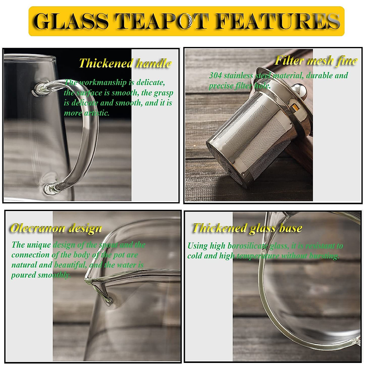 Glass Teapot with Removable Stainless Steel Infuser, Borosilicate Glass Tea Pot with Strainer,for Blooming Tea & Loose Leaf Tea, Microwave & Stovetop Safe (33OZ)