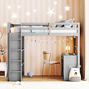 BIADNBZ Wooden Twin Size Loft Bed with Large Shelves Storage and Desk w/Built-in Drawers, Multifunctional LoftBed Frame w/Ladder for Kids Teens Adults Bedroom, Gray