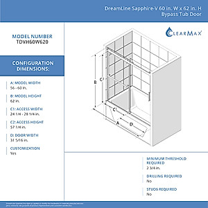 DreamLine Sapphire-V 56-60 in. W x 62 in. H Bypass Tub Door in Matte Black and Gray Glass
