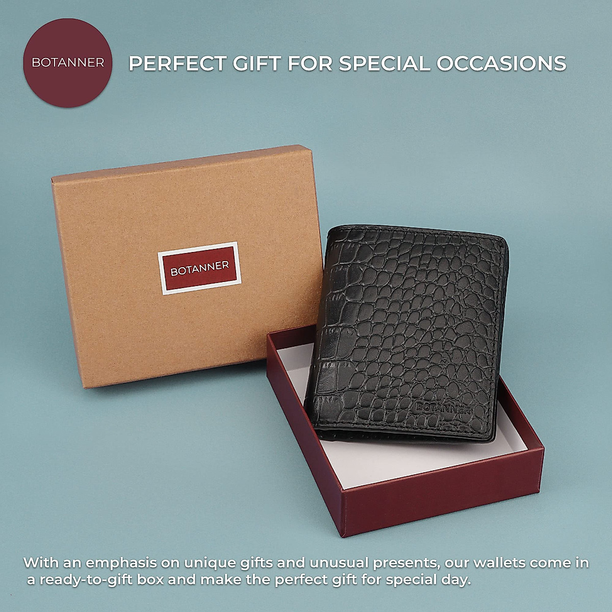 BOTANNER Genuine Leather Womens Wallet RFID Blocking Slim Compact 6 Credit Card Slots 1 ID Window Bills Sections Zipped Section for Coins Secure Button Closure Gift Boxed Red