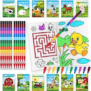 24 Farm Animals Coloring Books with 24 Stacking Crayons party favors for Kids cow horse Barn Party mini Drawing Book For Farm Birthday Party Goodie Bag Gift Stuffer School Classroom Activity Supplies
