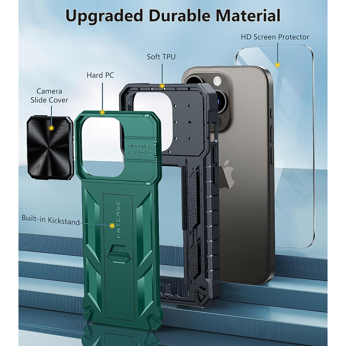 FNTCASE for iPhone 15 Pro Case: Military Grade Drop & Shock Protection Cell Phone Cover with Kickstand & Slide | Rugged Protective Bumper Textured | Heavy Duty Protector(Green)