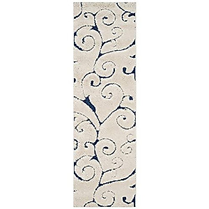SAFAVIEH Florida Shag Collection Runner Rug - 2'3" x 7', Cream & Blue, Scroll Design, Non-Shedding & Easy Care, 1.2-inch Thick Ideal for High Traffic Areas in Living Room, Bedroom (SG455-1165)