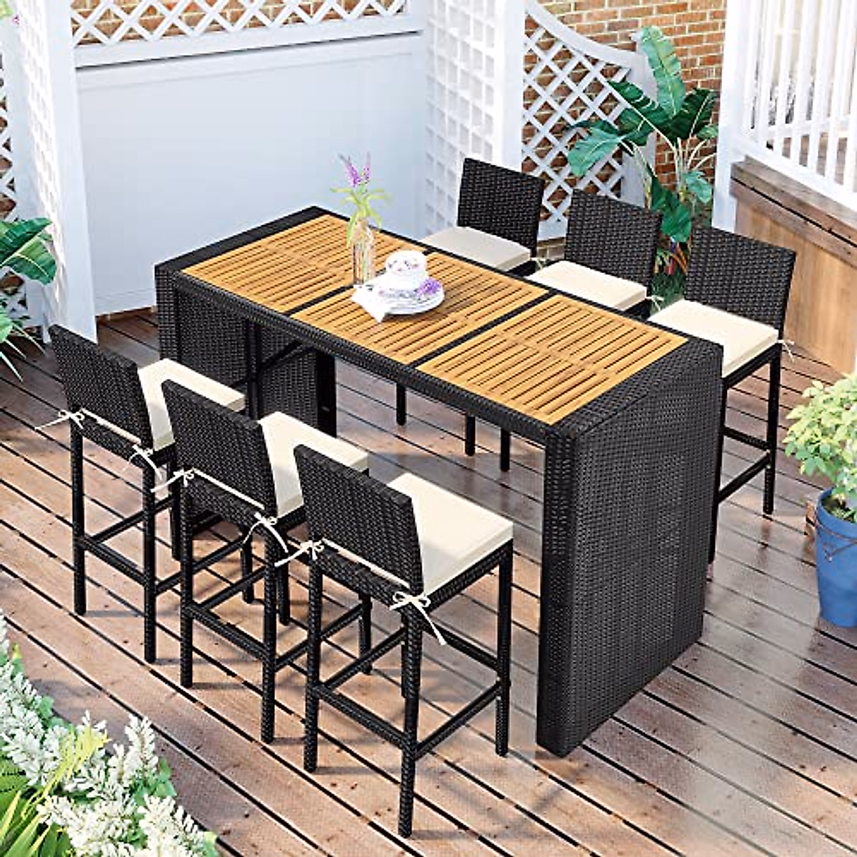 RUNNA 7-Piece Outdoor Patio Dining Set,PE Wicker Bar Furniture Set with Acacia Wood Tabletop and 6 Dining Chairs for Backyard, Garden
