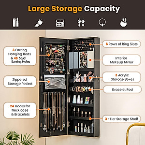 Giantex Jewelry Cabinet Armoire Door Wall Mount, 47.2in Lockable Touch Screen Lighted Full Length Mirror, 3 Lighting Settings, Inside Makeup Mirror, Jewelry Storage Box Organizer (Black)