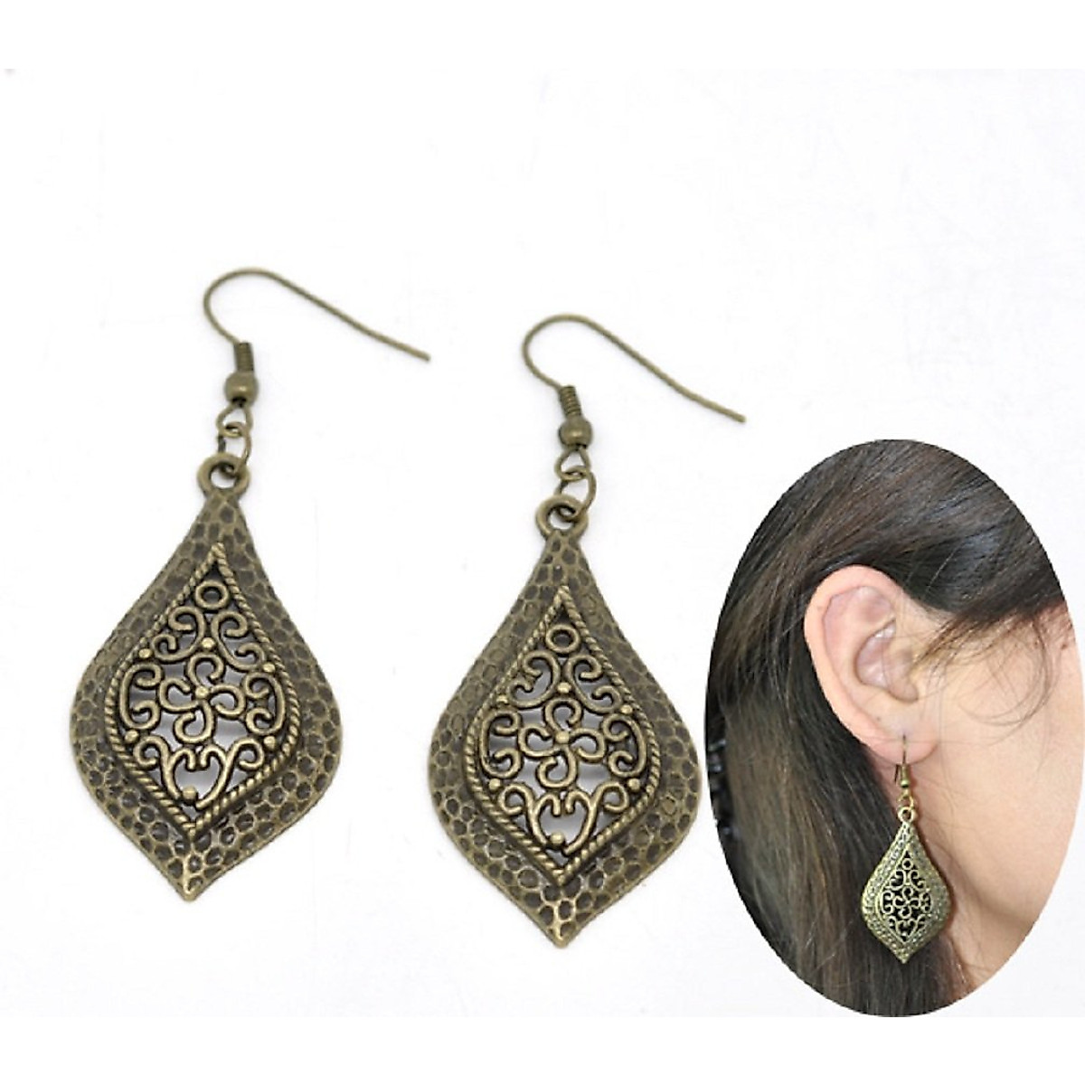 MJartoria Antique Teardrop Hook Dangle Earrings with Filigree Flower Pendant Lightweight Drop Earrings for Womens Hammered Earrings Indian Vintage Bohemian Jewelry