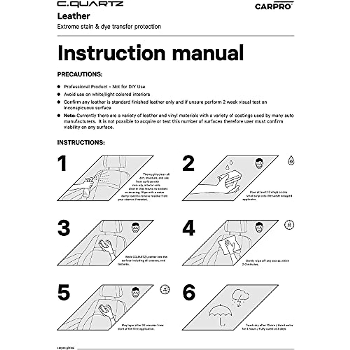 CARPRO CQUARTZ Leather 2.0 - Kit - Hydrophobic & Oil Phobic, Safe on All Car Leather, Resistance to UV, Denim Dye Coloring, Abrasion and Stains (30ml Kit)