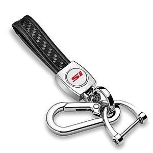 iPick Image Compatible with Honda Civic Si Red Logo in White Genuine Black Carbon Fiber Loop-Strap Chrome Hook Key Chain