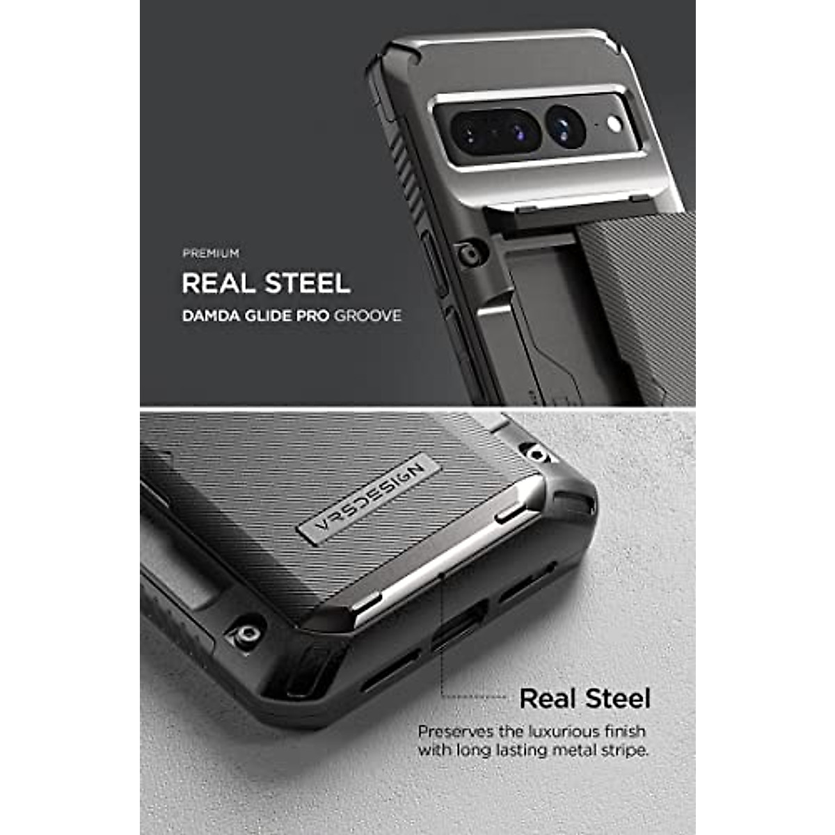 VRS DESIGN Damda Glide Pro Phone Case for Pixel 7 Pro, Sturdy Semi Auto Wallet [4 Cards] Case Compatible for Pixel 7 Pro Case (2022) (Groove Metal Black)
