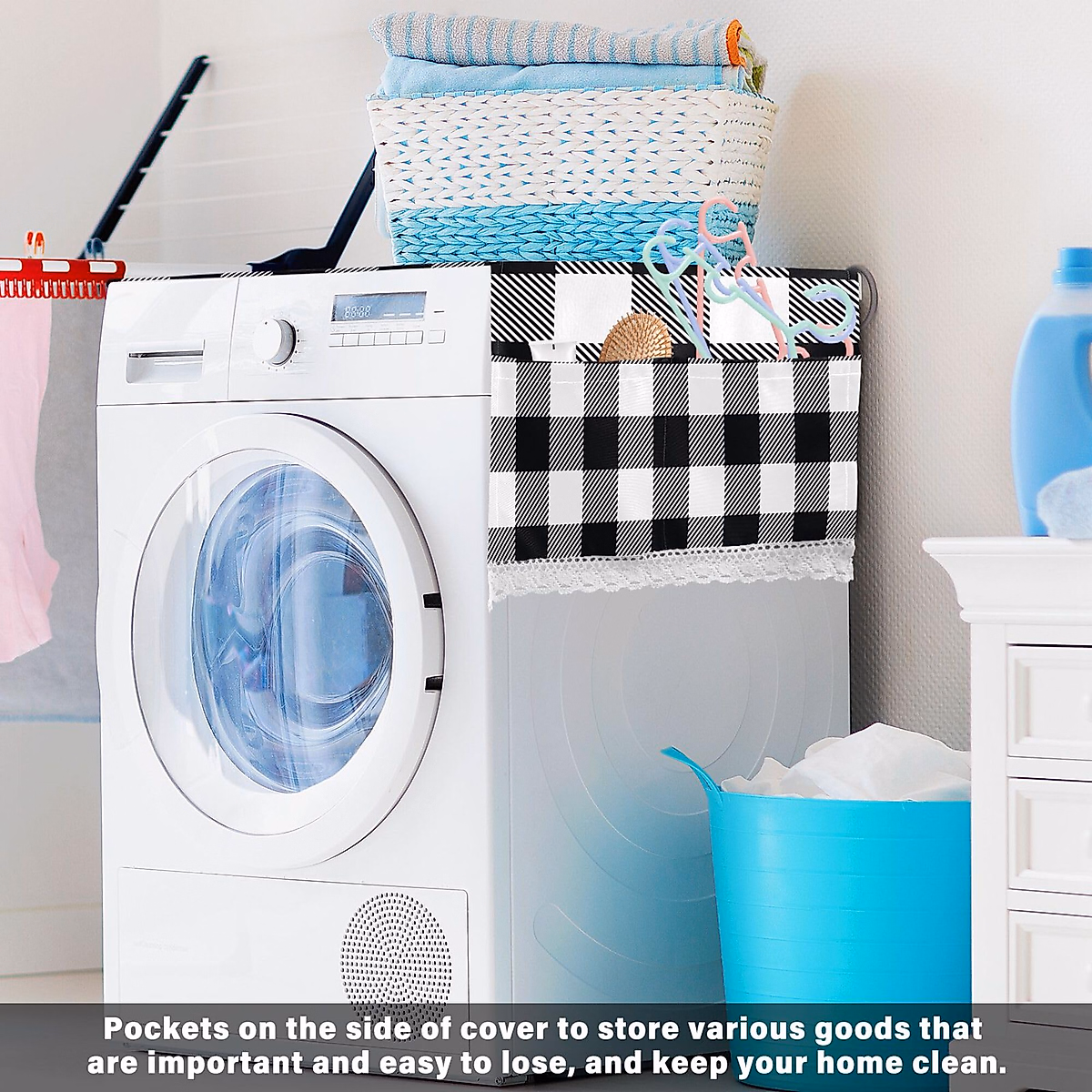 Black White Plaid Laundry Machine Cover Buffalo Checkers Plaids Dryer Top Covers Anti-Slip Fridge Dust Cover, Roller Washing Machine Top Cover Load With 4 Storage Bags