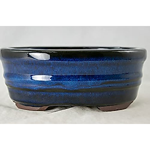 Oval Shohin Bonsai Pot, Cactus & Succulent Planter + Mesh 6"x 4.5"x 2.5" - Blue Stain Glazed