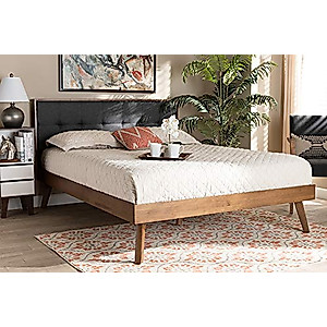 Baxton Studio Alke Mid-Century Modern Dark Grey Fabric Upholstered Walnut Brown Finished Wood Queen Size Platform Bed