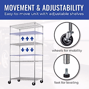 SafeRacks - NSF Certified Storage Shelves, Zinc, Heavy Duty Steel Wire Unit with Wheels and Adjustable Feet, Garage or Bakers Rack, Kitchen, Pantry Shelf - (36"x24"x72" 4-Tier) (Silver)