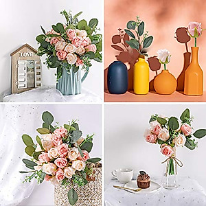 Ageomet 17pcs Artificial Rose Flowers, 12 Silk Fake Flowers Rose and 5 Artificial Eucalyptus Leaves Stems in Bulk, for Home Bridal Wedding Party Festival Decor