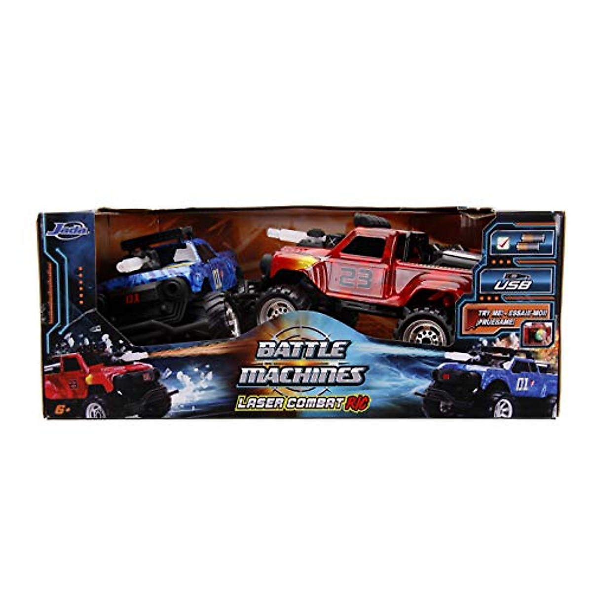 Jada Toys Battle Machines 1:16 Laser Combat RC Remote Control Car 2-Pack, 2.4 GHZ Red/Blue Truck, Toys for Kids and Adults (251109005)