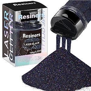 Resiners Holographic Ultra Fine Glitter Powder - 3.53oz/100g, 1/128" Metallic Epoxy Resin Glitter Sequins Flakes for Tumblers,Slime, Nails, Paint, Art Crafts - Laser Black