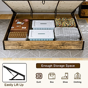 IKIFLY King Size Lift Up Storage Bed, Metal King Platform Bed Frame with 2-Tier Storage Shelf Headboard & Charging Station, Solid Wood Slats, No Box Spring Needed, Easy Assembly, Rustic Brown