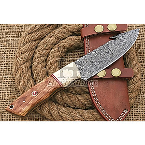 HUNTEX Handmade Hand-Forged Rain Drop Pattern Damascus Steel 9.5 Inch Long Full Tang Olive Wood Handle Razor Sharp Hunting Camping Gut Hook Knife w/Genuine Leather Pouch