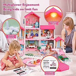 Mini Tudou Doll House Dreamhouse for Girls, Dollhouse with Lights, Play Mat and Dolls,DIY Building Pretend Play House with Accessories Furniture and Household Items,Playhouse for Girls 3-12 (9 Rooms)